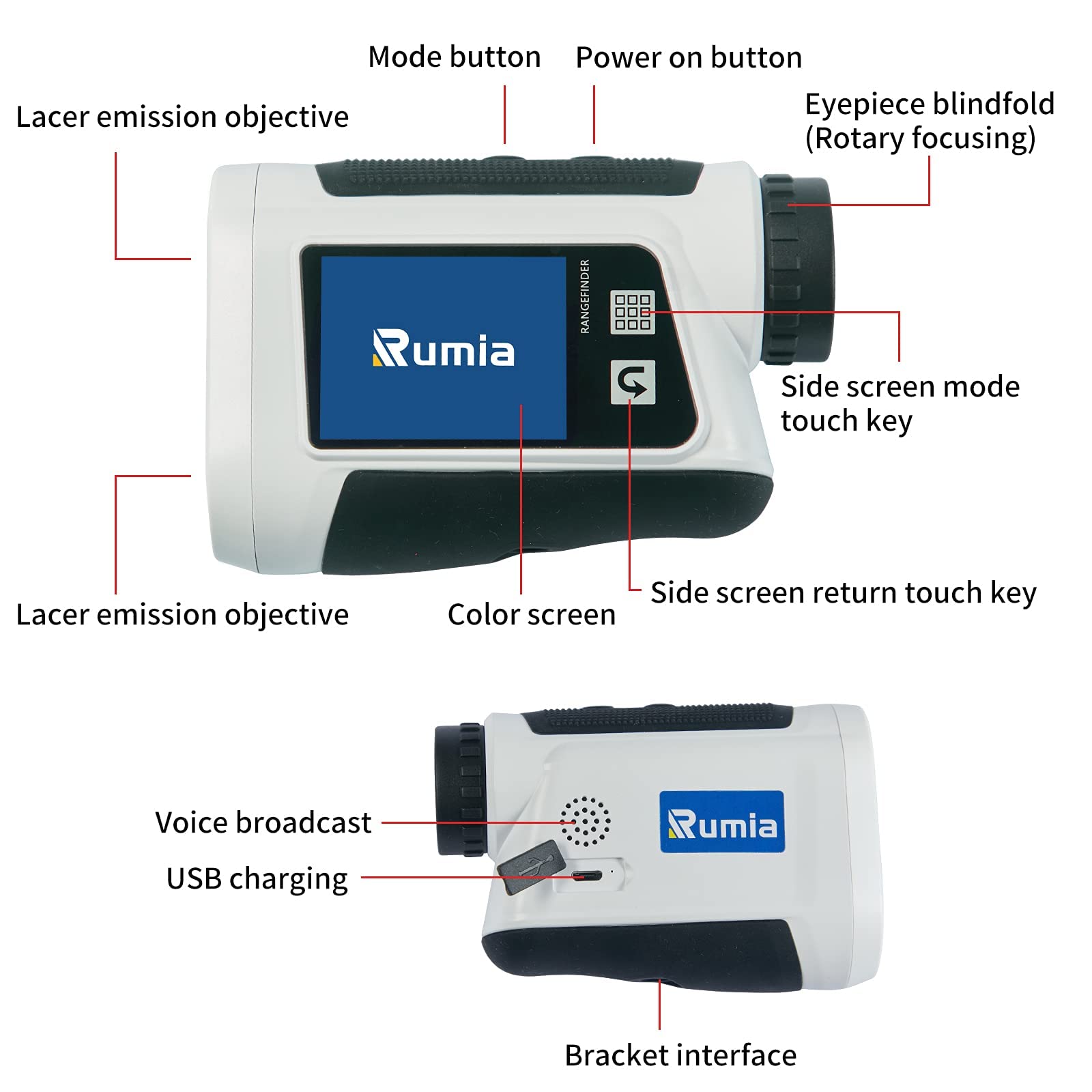 Golf Rangefinder, Rumia 1200 Yards Range Finder Golfing with Slope, LCD Touch Screen Display, 6X Magnification, Voice Feature, Rechargeable Range Finder for Hunter with Pin-Seeking, Flag Lock