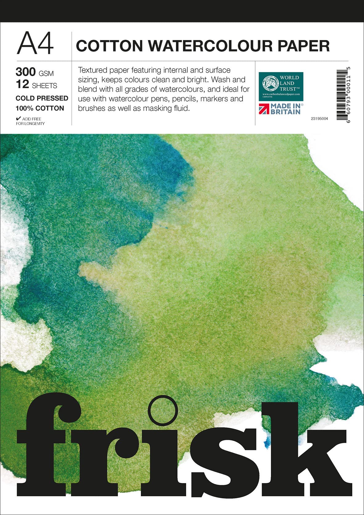 Frisk Watercolour Paper Pad 300gsm 100% Cotton Cold Pressed/Not 12sheets A4