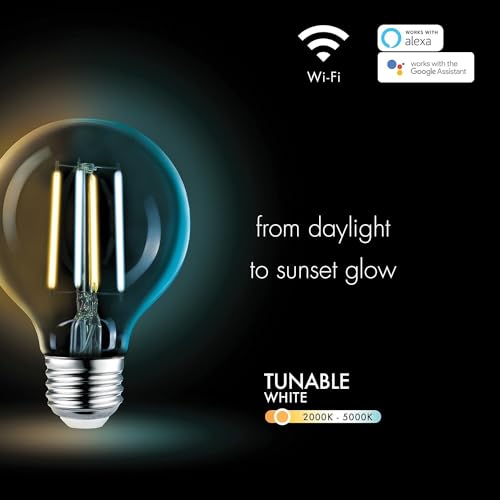 Globe Electric 34920 Wi-Fi Smart 5.5W (60W Equivalent) Straight Filament Tunable White Clear LED Light Bulb, No Hub Required, Voice Activated, 2000K - 5000K, Vintage Edison Style, G25 Shape, E26 Base