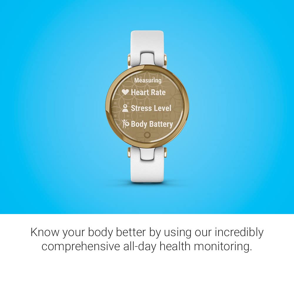 Garmin Lily™, Small Smartwatch with Touchscreen and Patterned Lens, Light Gold with White Leather Band