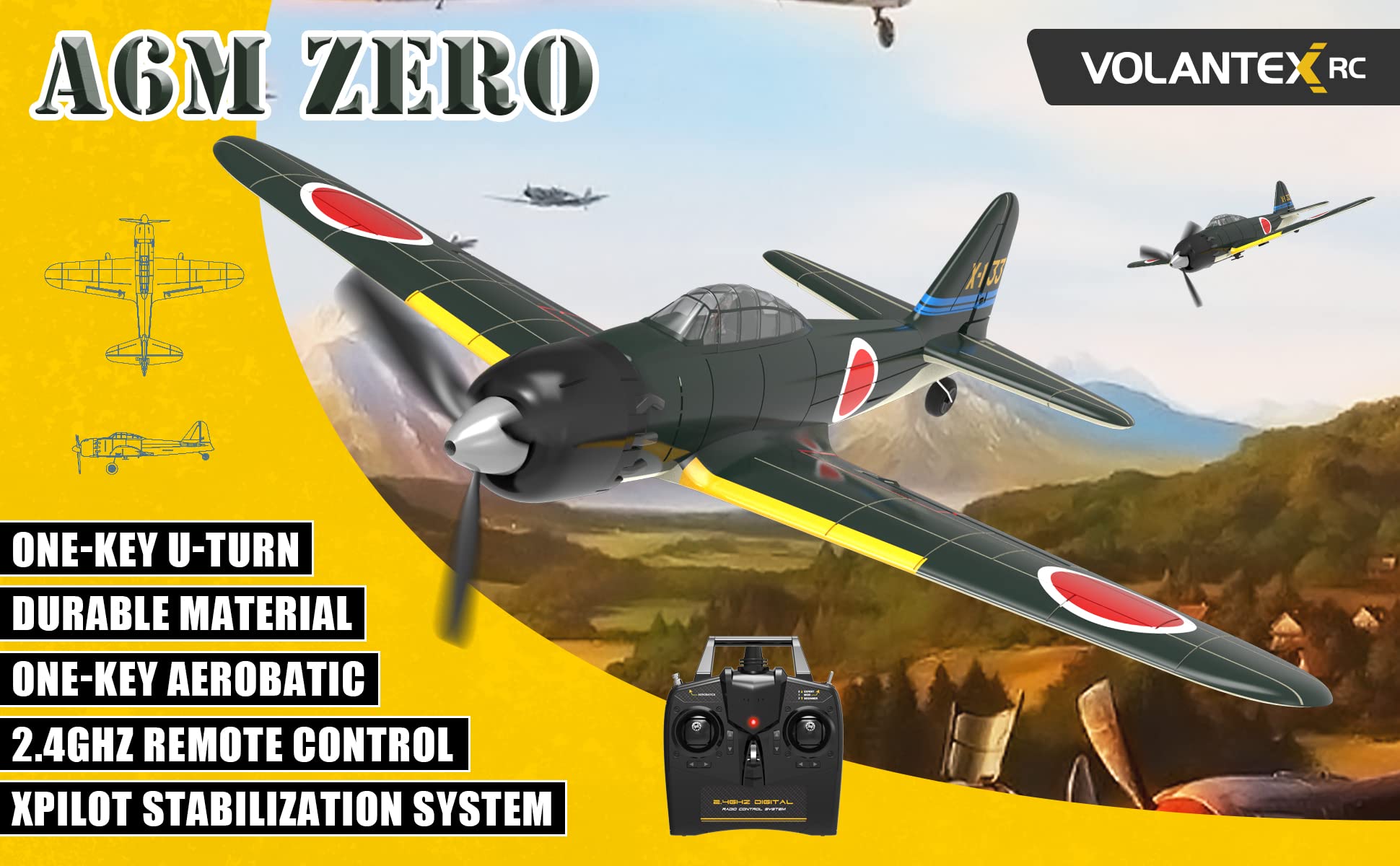 Fremego RC Plane VOLANTEX A6M Zero Fighter 2.4G 4CH Romote Control Airplane with 6-Axis Gyro Stabilizer Aerobatic 2 Batteries