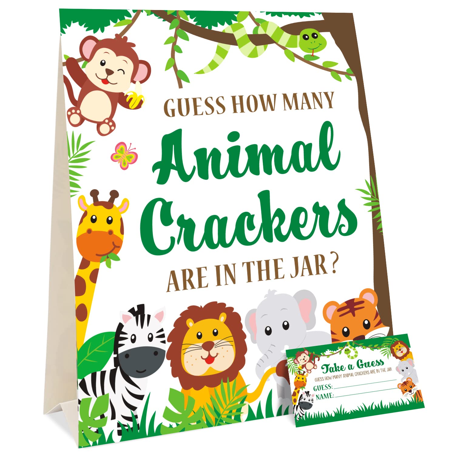 Guess How Many Animal Crackers Jungle Safari Baby Shower Game with Standing Sign and 30 Cards