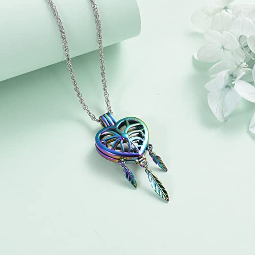 shajwo Cremation Jewelry Dream Catcher Heart Urn Necklace for Ashes for Women Men Keepsake Memorial Hollow Pendant,Rainbow-Silver
