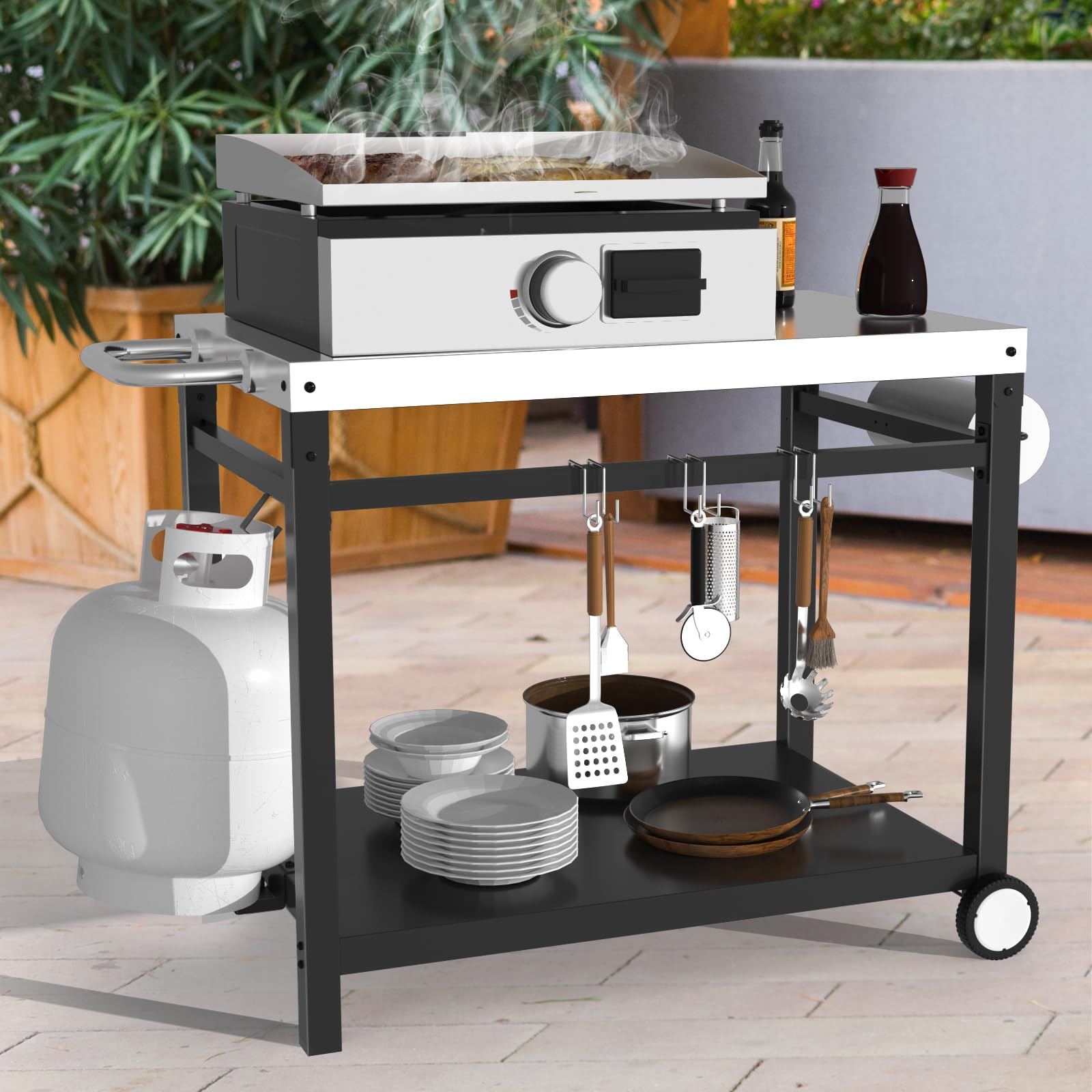 GLOWYE Grill Carts Outdoor with Wheels Portable Griddle Stand Pizza Oven Table, Multifunctional Double-Shelf Blackstone Cart Griddle Table for Blackstone, Ninja Grills, Black