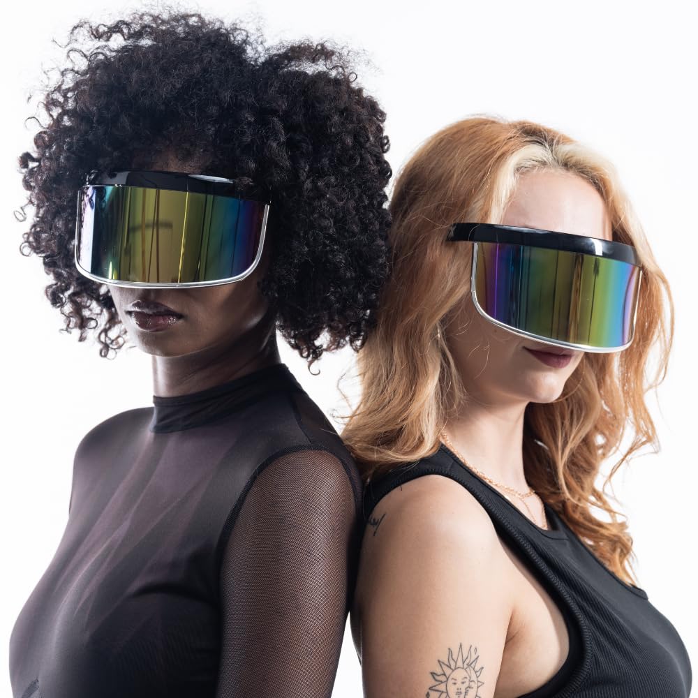GloFX Visor Sunglasses - Rainbow Mirror Lens - Oversized Futuristic Shield Sunglasses - Perfect for EDM Raves, Music Festivals, Performance Art, Fashion