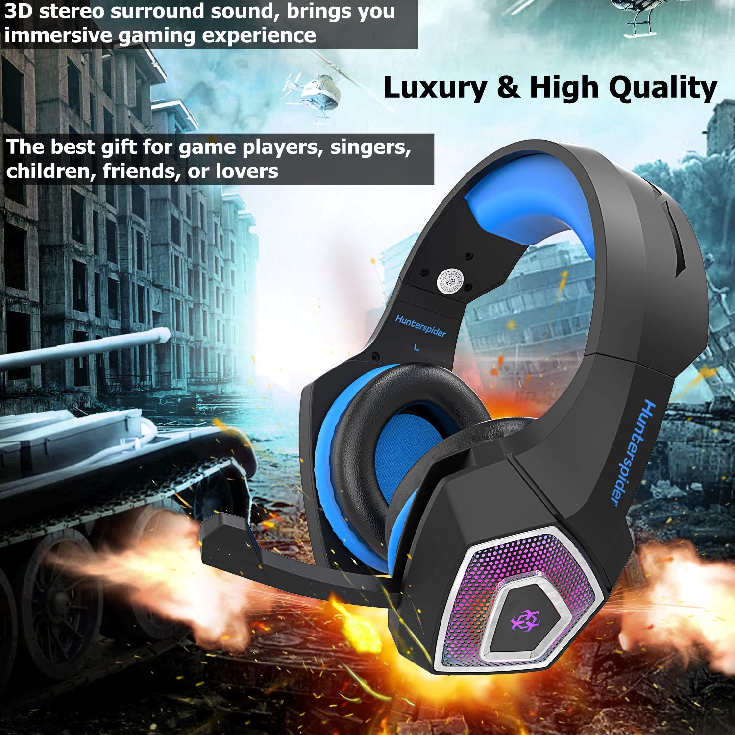 Gaming Headset for PS4 Xbox One, YCCSKY Wired Over Ear Headphone PC USB Gaming Headset with Noise Canceling Mic and LED Light, Compatible with PS4/Xbox One/Mac/Tablets/PC/Laptop/Mobile Phone (Blue)