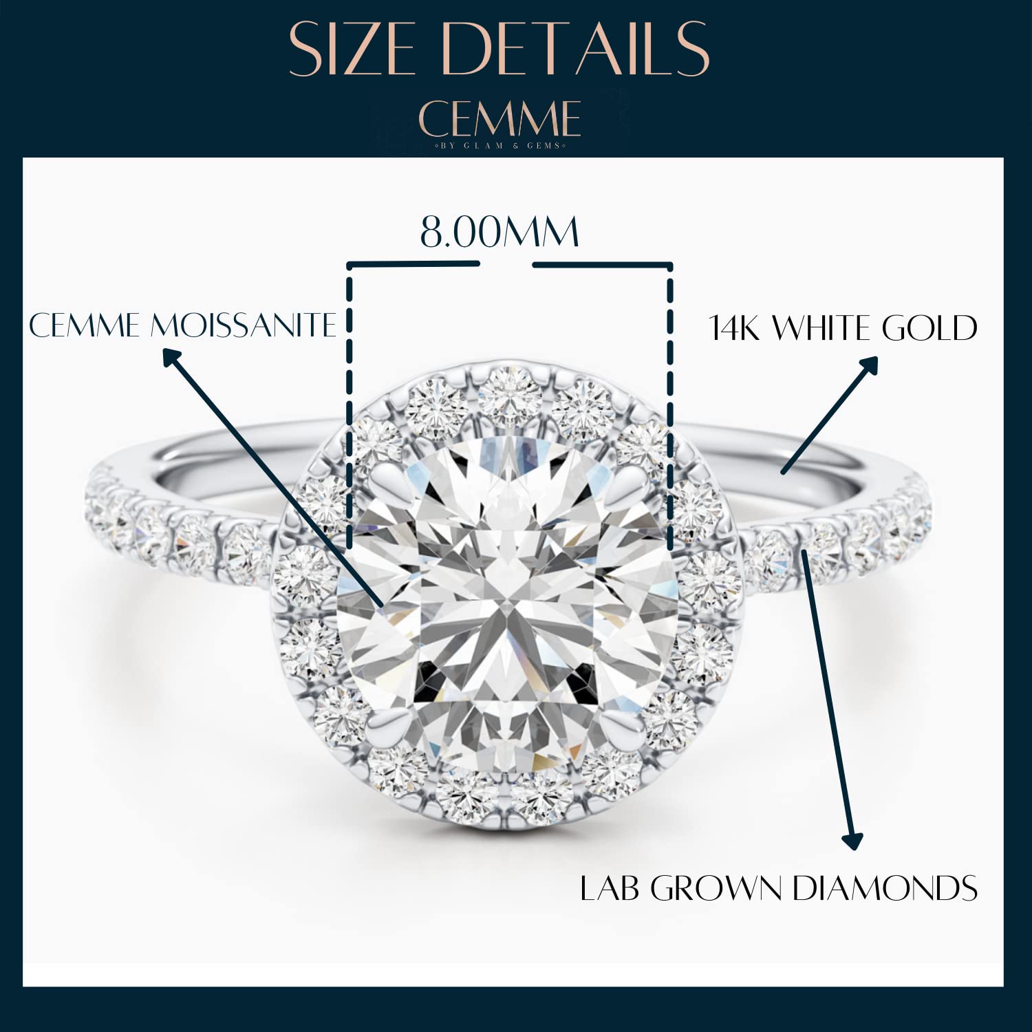 GLAM AND GEMS 1/2 Carat Lab Grown Diamond and 2 Carat Moissanite Engagement Ring for Women in 14k White Gold (D-E, VS, cttw) Wedding Ring
