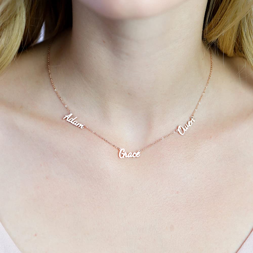 GLAVEHO 14K Gold Personalized Name Necklace - 14K Solid Gold Custom One, Two, Three or More Names Chain Necklace Gift for Women (14k gold-rose gold color)