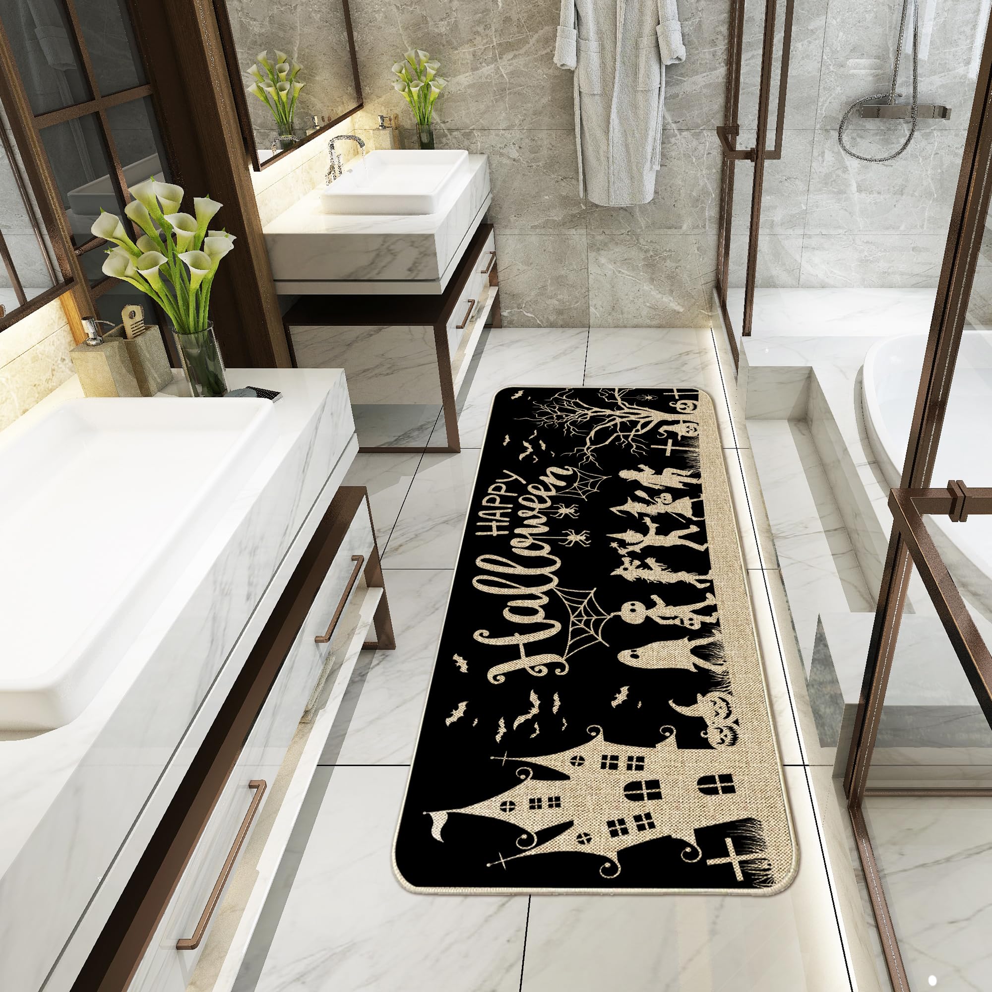 Halloween Kitchen Mats Set of 2, Happy Halloween Kitchen Rugs and Mats, Boo Black Spider Web Mats Kitchen Decor Mats for Floor, Decorative Halloween Kitchen Decor 17x29 Inch-17x47 inch