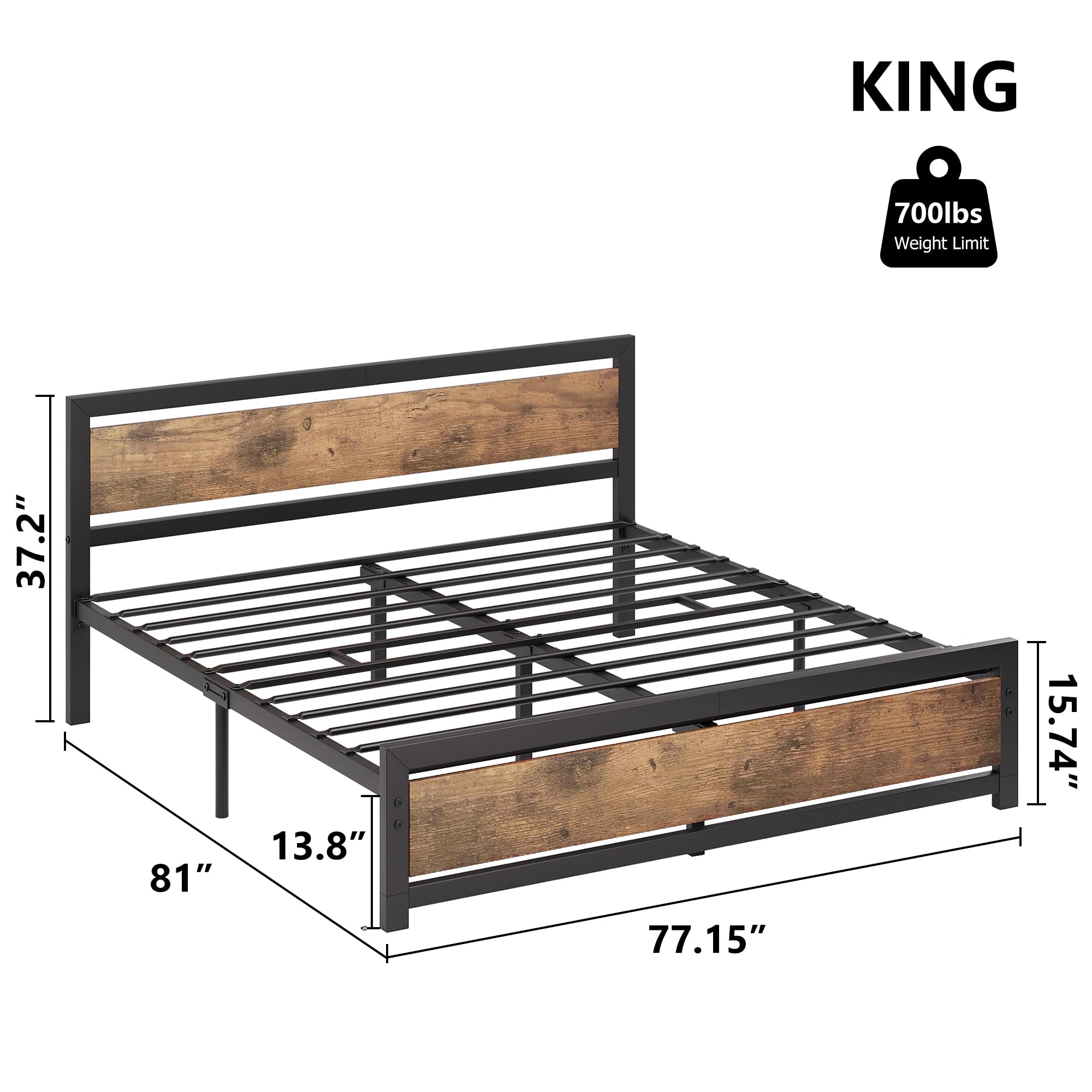 GAOMON King Size Bed Frame with Wooden Headboard, Industrial King Bed Platform Frame with Heavy Duty Steel Slat, No Box Spring Needed Easy to Assemble 14 inch Mattress Foundation - King