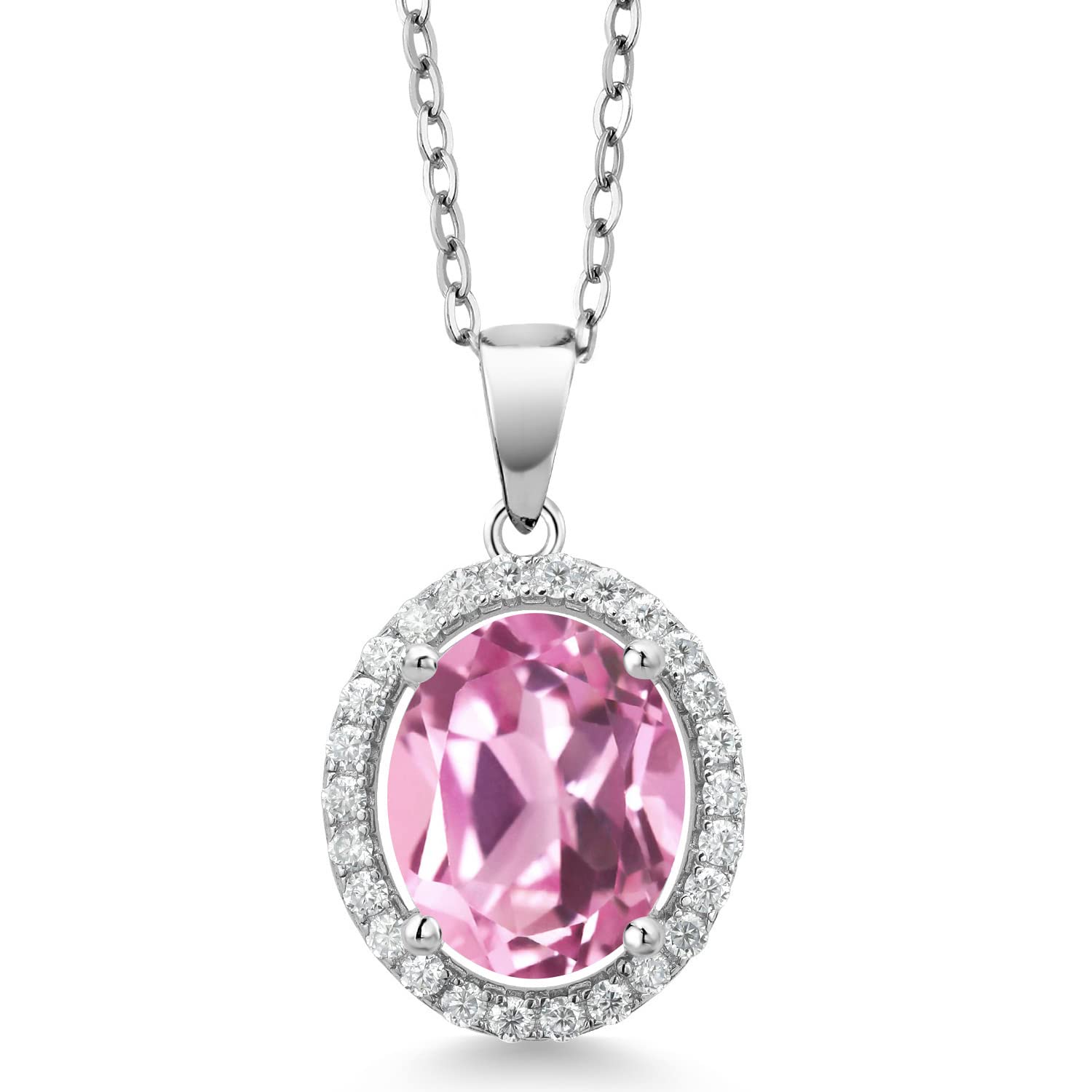 Gem Stone King 925 Sterling Silver Oval Light Pink Created Sapphire and White Moissanite Pendant Necklace For Women (4.82 Cttw, with 18 Inch Silver Chain)
