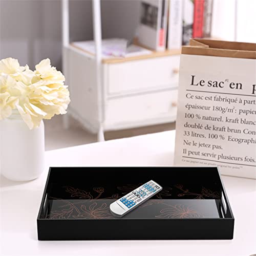Hacaroa Black Acrylic Serving Tray with Handles, 17" x 12" Rectangular Breakfast Tray for Coffee Table, Appetizer, Tea, Decorative Floral Vanity Tray Organizer, Spill-Proof