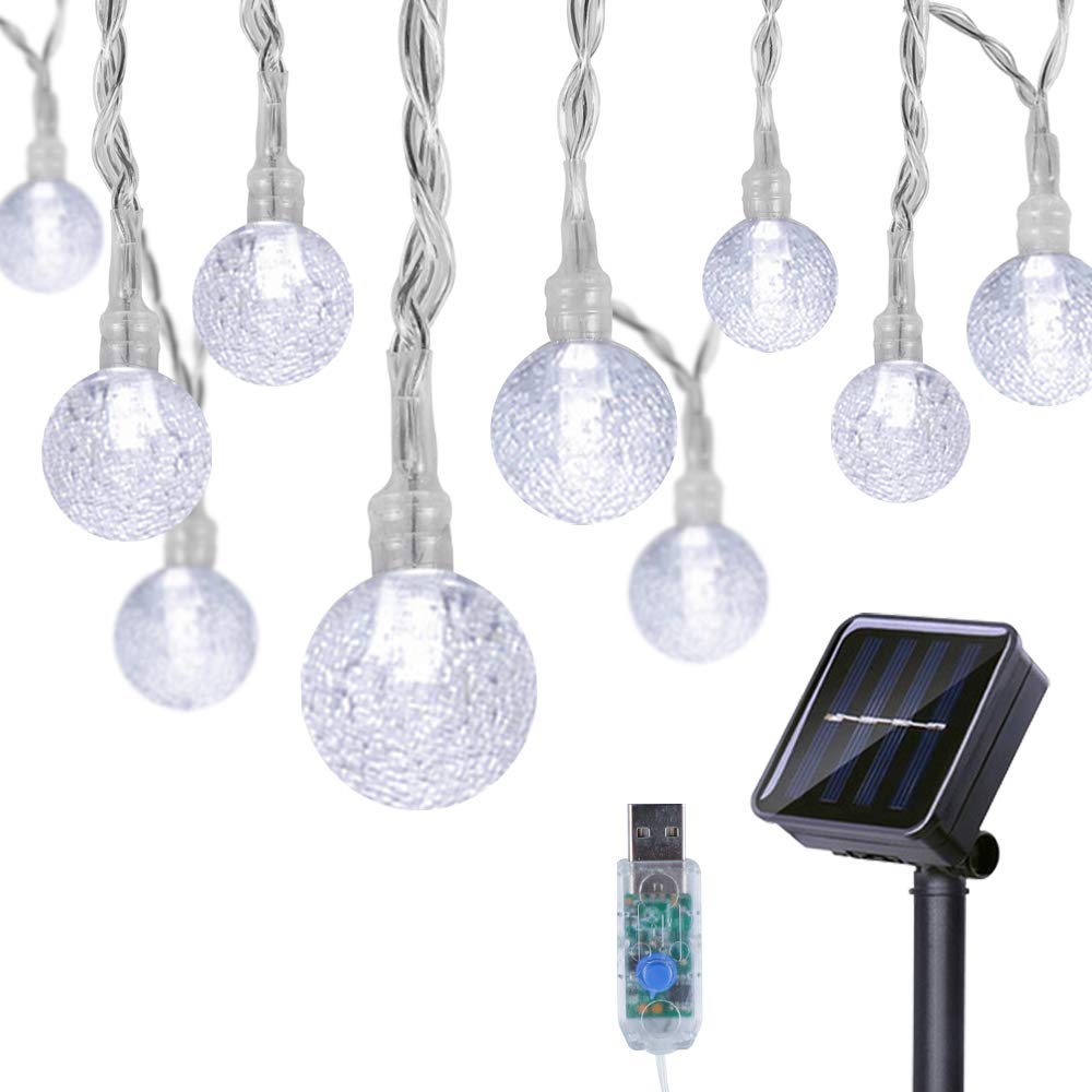 Globe Solar String Lights, Upgraded 23ft 50LED Fairy Crystal Ball Light with Solar & USB Powered, 8 Modes Waterproof String Lights for Garden Wedding Party Outdoor/Indoor Decoration (Cool White)
