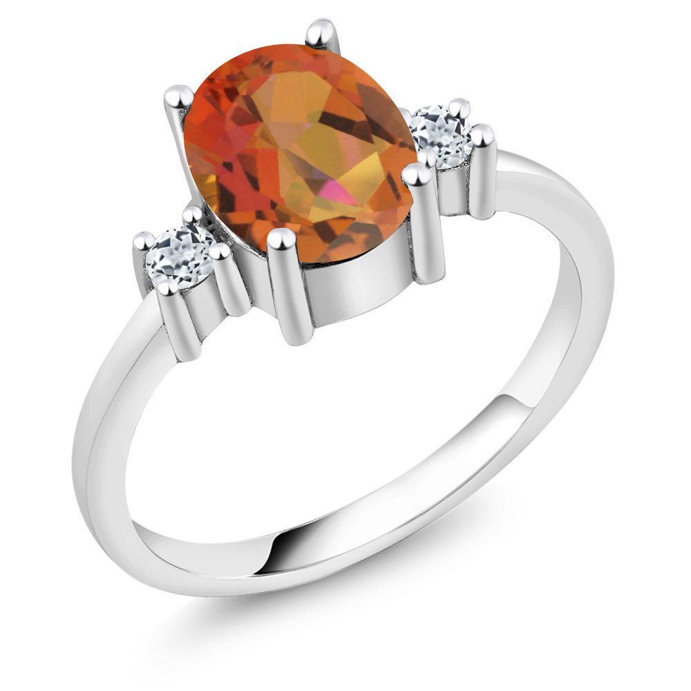 Gem Stone King 925 Sterling Silver Oval Twilight Orange Mystic Quartz and White Topaz Ring For Women (2.46 Cttw, Gemstone Birthstone, Available In Size 5, 6, 7, 8, 9)