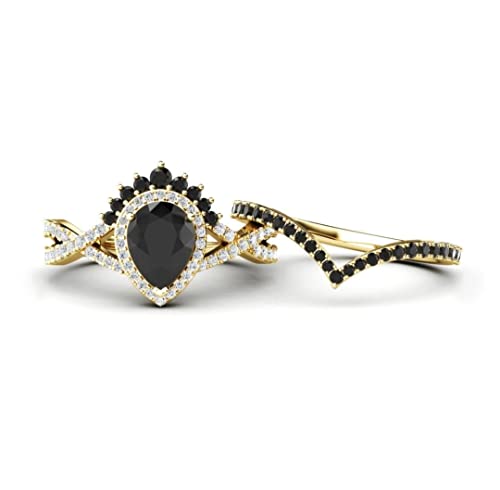 Natural Black Spinel Ring Pear Cut Wedding Engagement Ring Set, Black Spinel Ring, Rose Gold Black Stone vintage Ring, Anniversary Ring (White Gold, 9)
