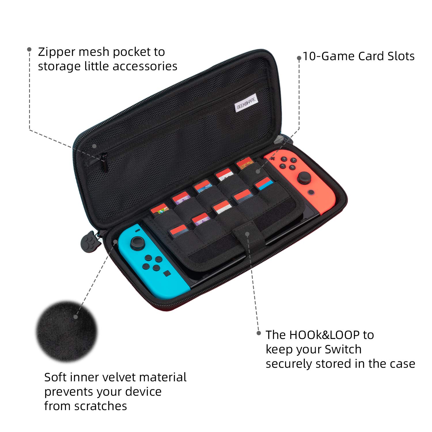 GeekShare Cat Paw Case for Switch - Portable Hardshell Slim Travel Carrying Case fit Switch/Switch OLED Console & Game Accessories - A Removable Wrist Strap (Classic Black