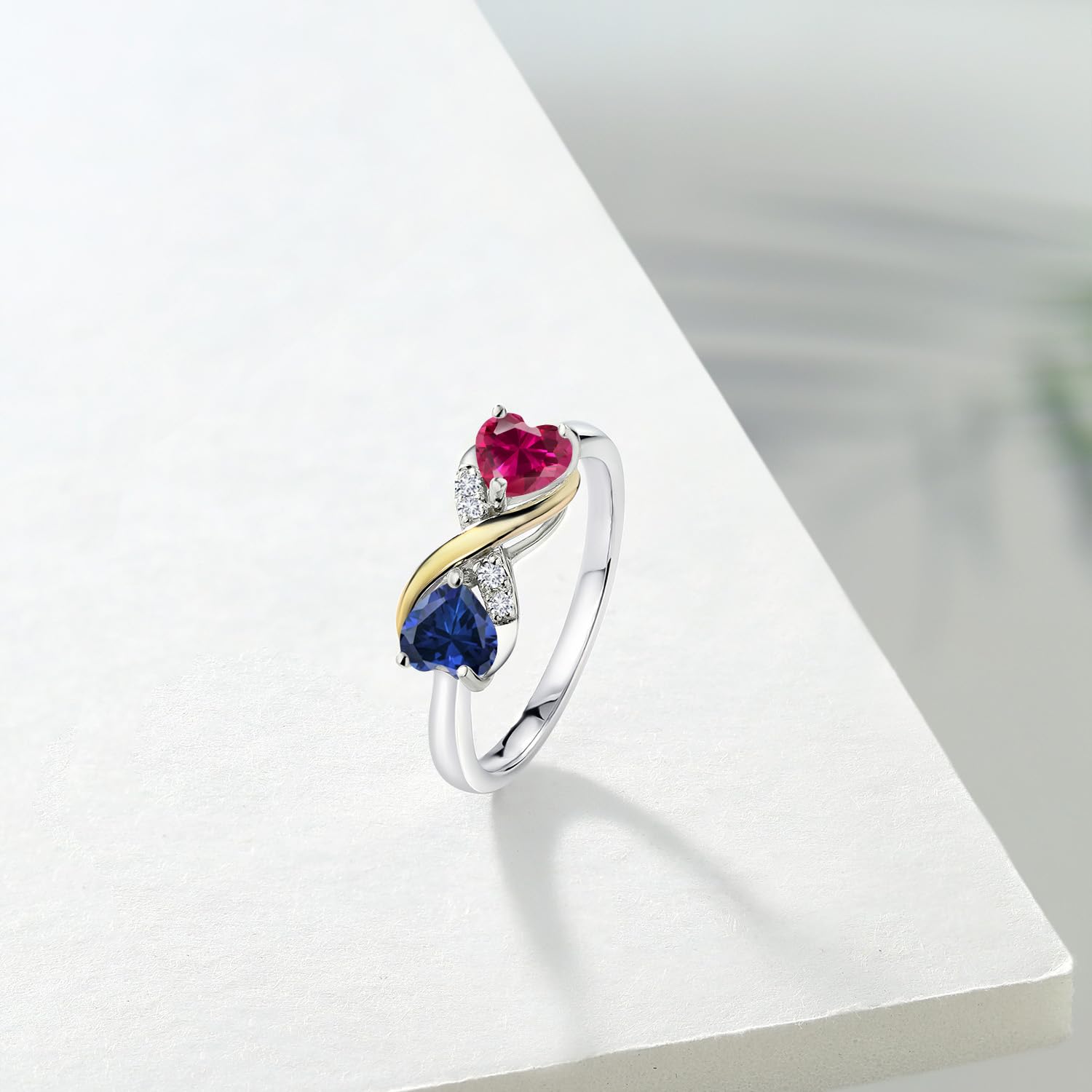 Gem Stone King 925 Sterling Silver and 10K Yellow Gold Red Created Ruby Blue Created Sapphire and Lab Grown Diamond Ring For Women (1.14 Cttw, Available In Size 5, 6, 7, 8, 9)