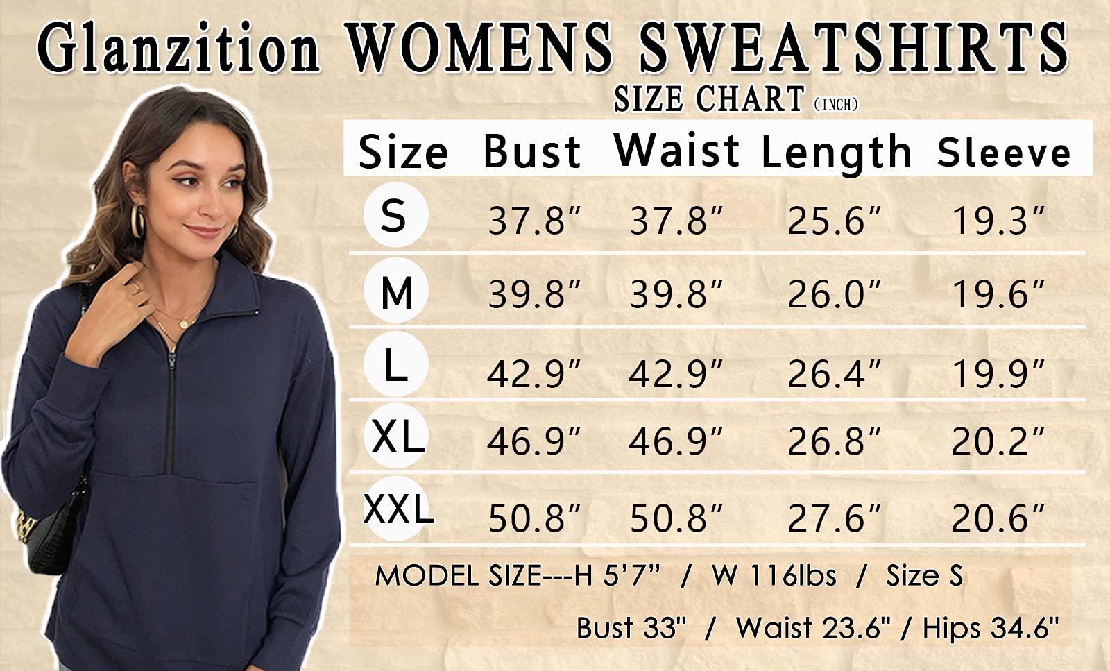 Glanzition Grey Sweatshirt for Women Winter Long Sleeve Zip Up Collar Pullover Sweatshirts L