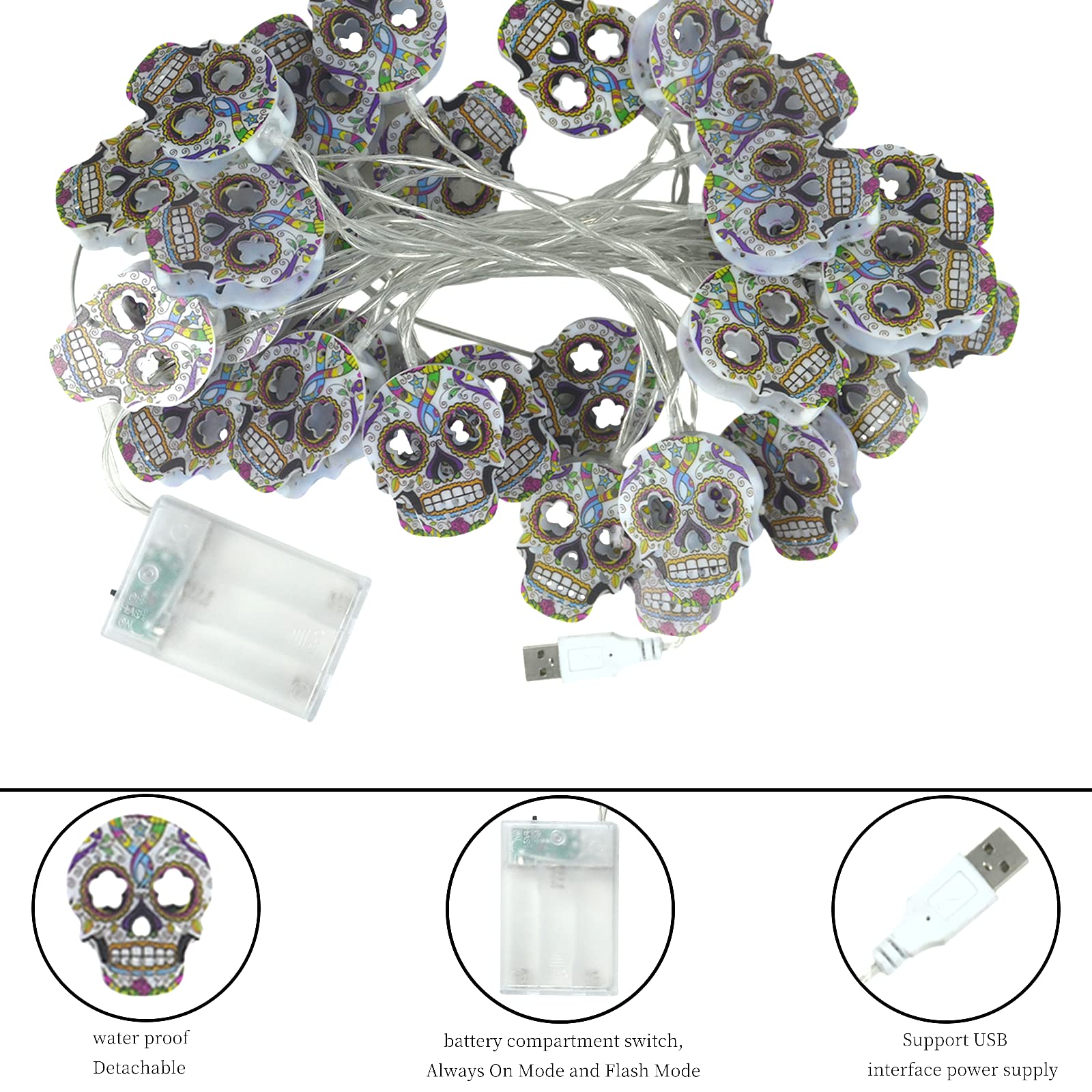 Halloween String Lights, 2 Packs Skull String Lights 30 LED Skull Lights 15ft Halloween Decoration Lights Battery/USB Powered Optional 2 Modes Halloween Lights Indoor Outdoor for Home Yard Patio