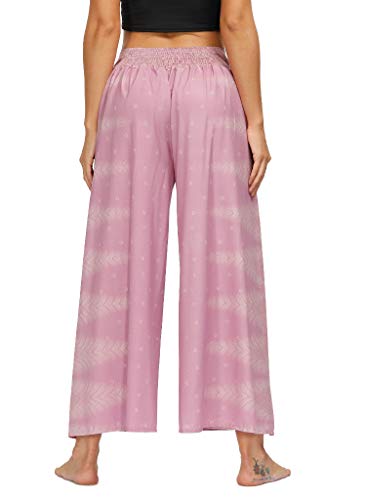 GLUDEAR Womens Palazzo Slit Wide Leg Pants Summer Casual Beach Boho Hippie Bohemian Pilate,Pink Feather,S/M