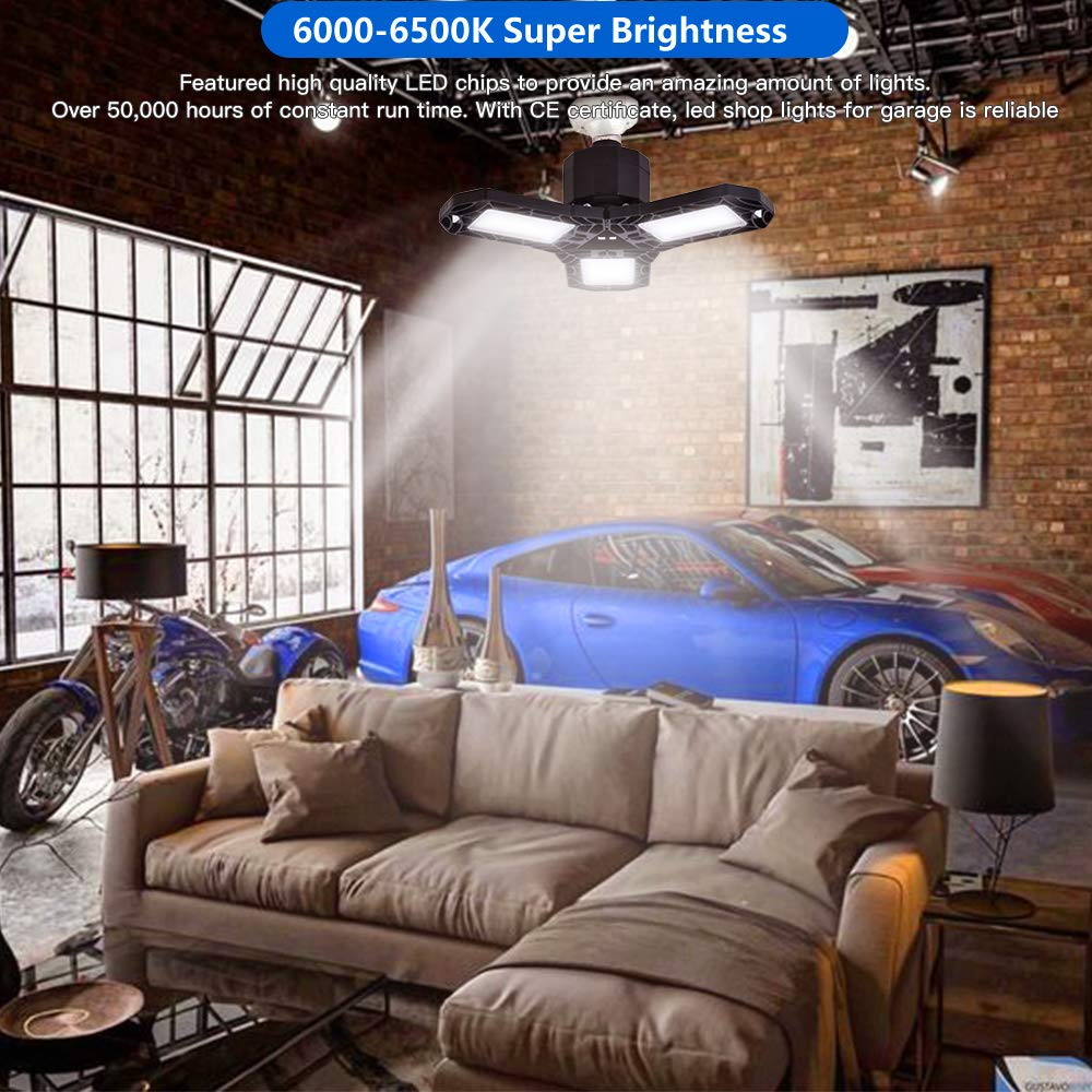 Garage Lights, LED Garage Lighting with 3 Adjustable Panels, Garage Ceiling Lights Super Bright with 6000K Nature Light, E26/E27 Garage Light for Garage, warehouse, Basements, Gym and Supermarket