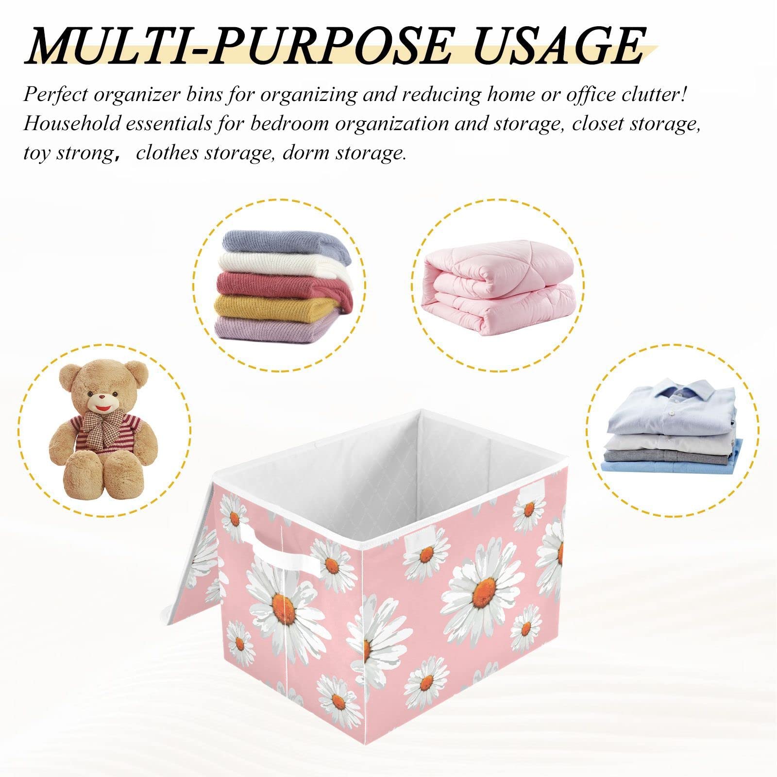GUIJI Chamomiles Pink Fabric Storage Bins with Lids and Handle,Foldable Storage Bins with Lids,Closet Organizers for Clothes Storage,Room Organization, Office Storage, Chest Organizer