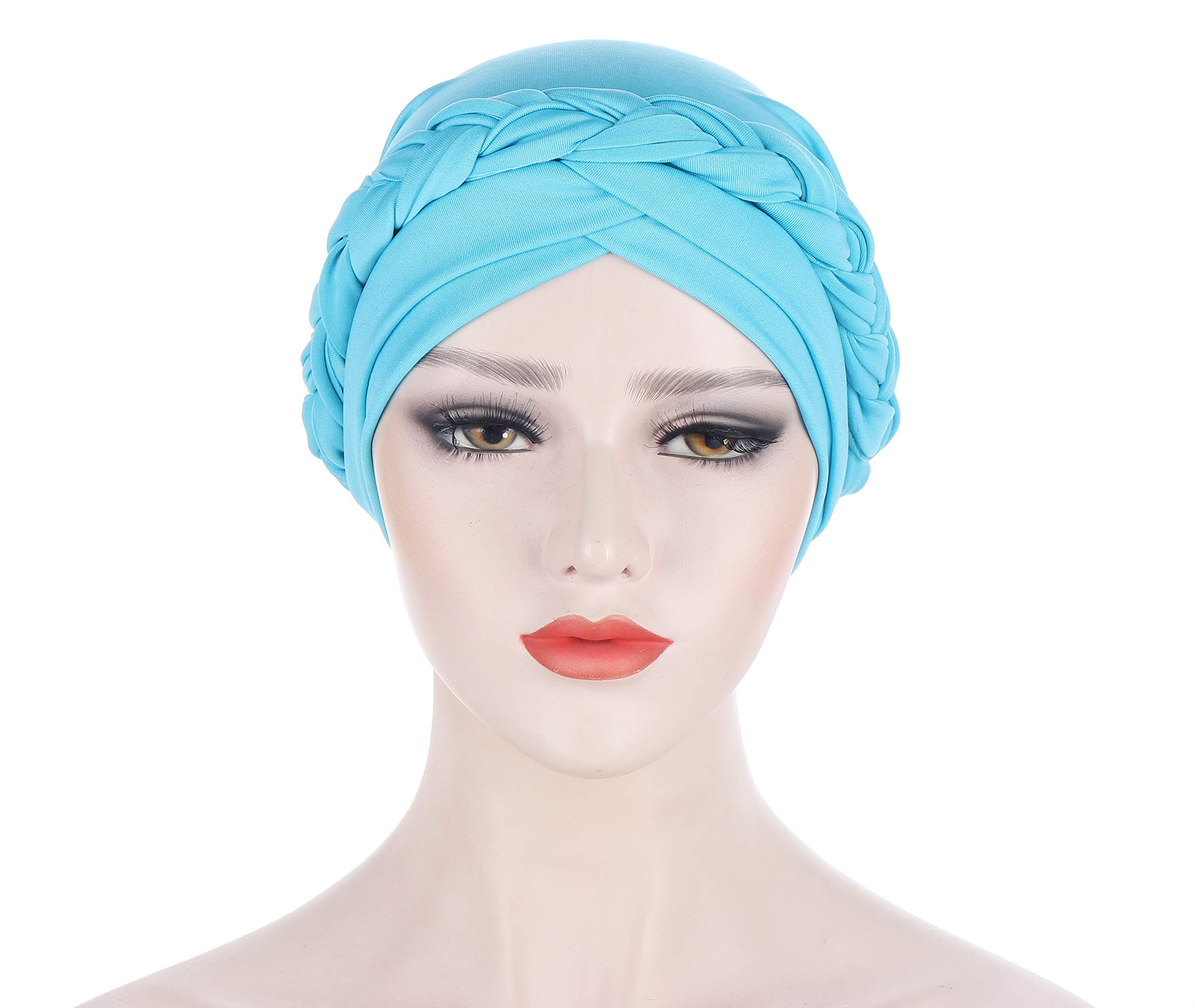 Fxhixiy Hijab Braid Silky Turban Hats for Women Cancer Chemo Beanies Cap Headwrap Headwear (Lake Blue)