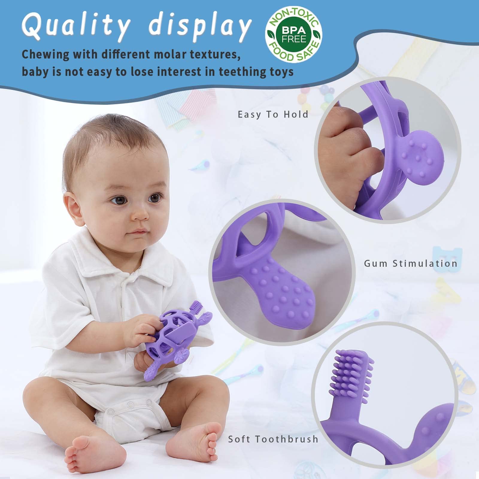 GOQELK Baby Teething Toys-Baby Teether,Baby Teethers 3-24 Months,Teething Mittens with Anti-Drop,Teethers Turtle with Three Shapes for Stimulates and Soothing-Silicone BPA Free | (Pack of 2)