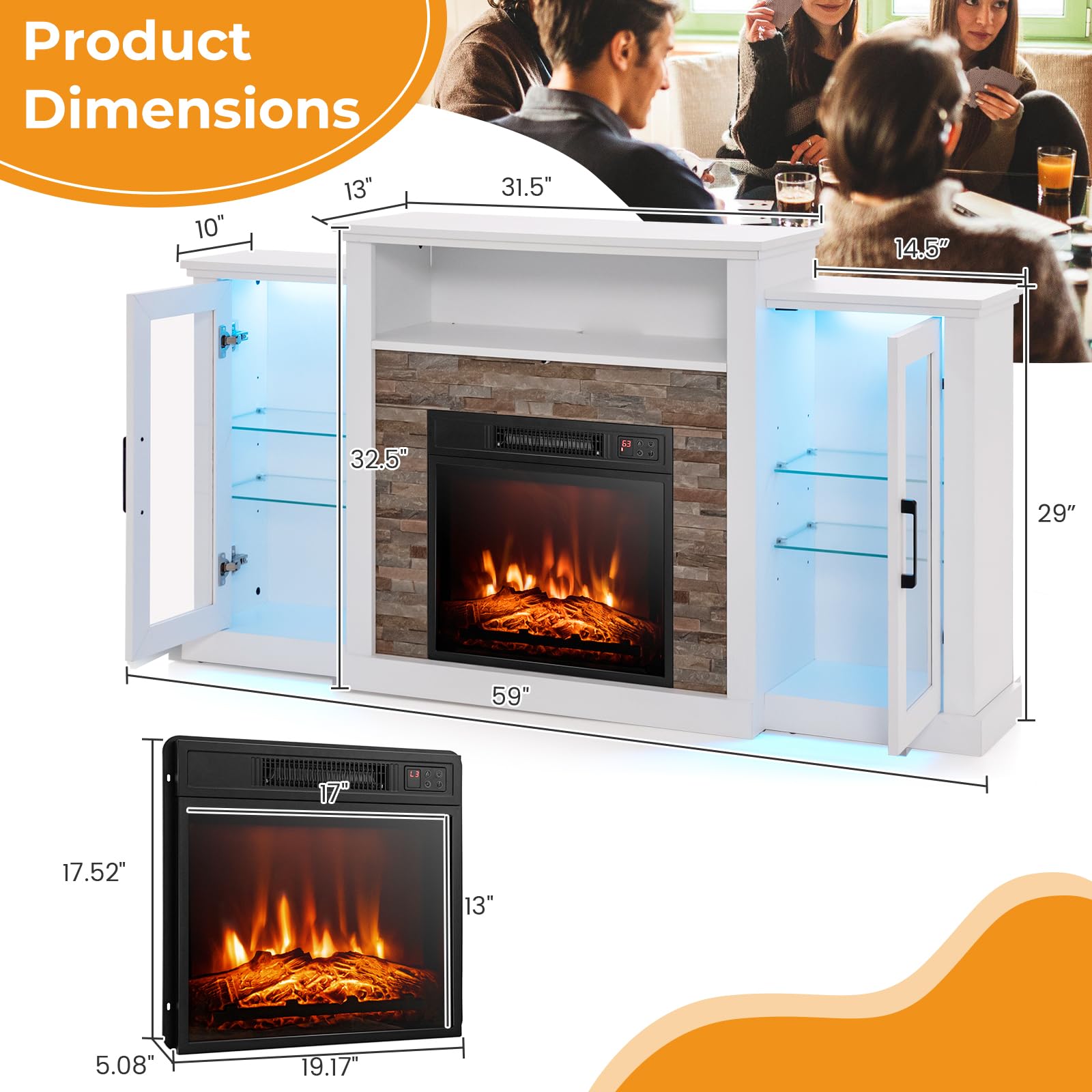 GOFLAME Fireplace TV Stand with LED Lights for TV up to 65β, Entertainment Center with 18β Electric Fireplace, Remote & APP Control, TV Console with Adjustable Glass Shelves (White)