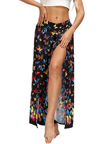 GLUDEAR Womens Palazzo Slit Wide Leg Pants Summer Casual Beach Boho Hippie Bohemian Pilate,Colorful Butterfly,L/XL