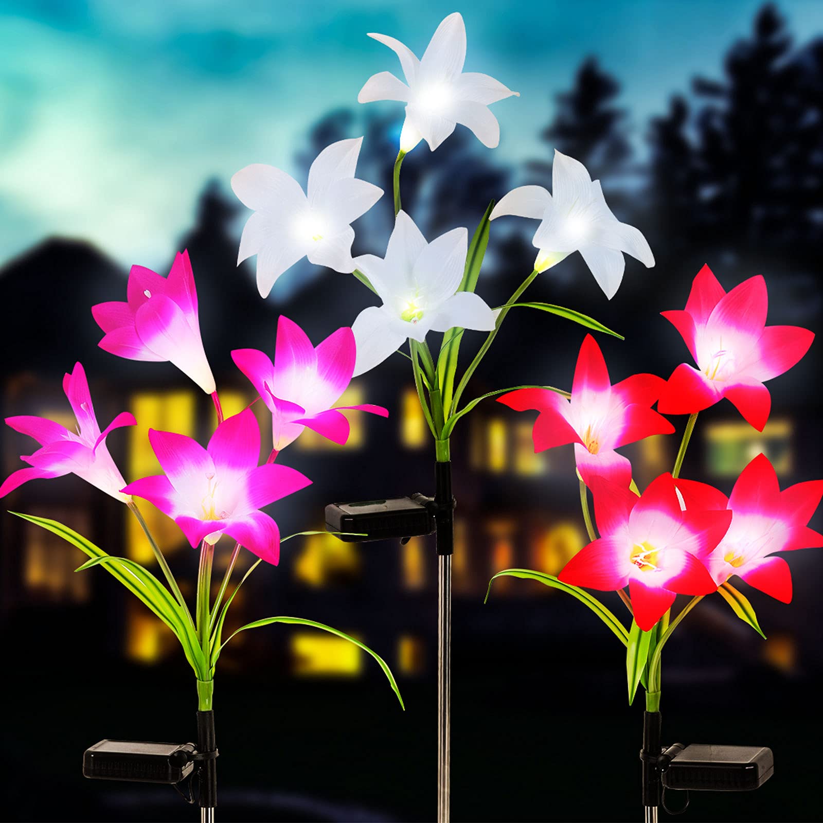 GOLDEN AUTUMN Solar Lights Outdoor Decorative,3 Pack Solar Garden Lights, 12 Bigger Lily Flowers, Used for Garden Lawn Backyard Terrace, Automatic Color Changing LED Solar Flowers