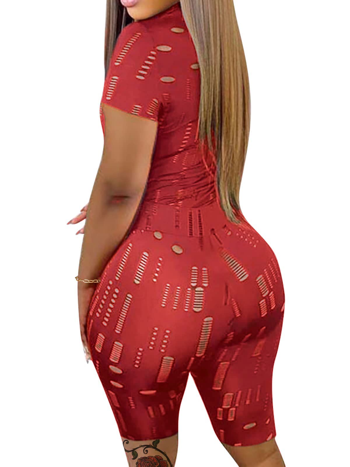 Hilinker Women's Hollow Out 2 Piece Outfits Short Sleeve with Bodycon High Waisted Shorts Red X-Large