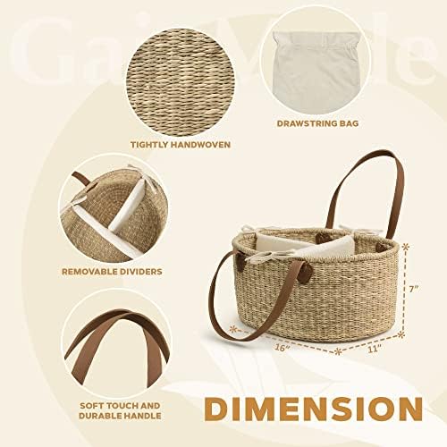 GAIAMADE Seagrass Diaper Caddy, Practical Diaper Holder with Handles, Hand-woven Baby Diaper Caddy Organizer, Neutral Nursery Organizing, Decoration and Gift (included 2 Cotton Drawstring Bags)