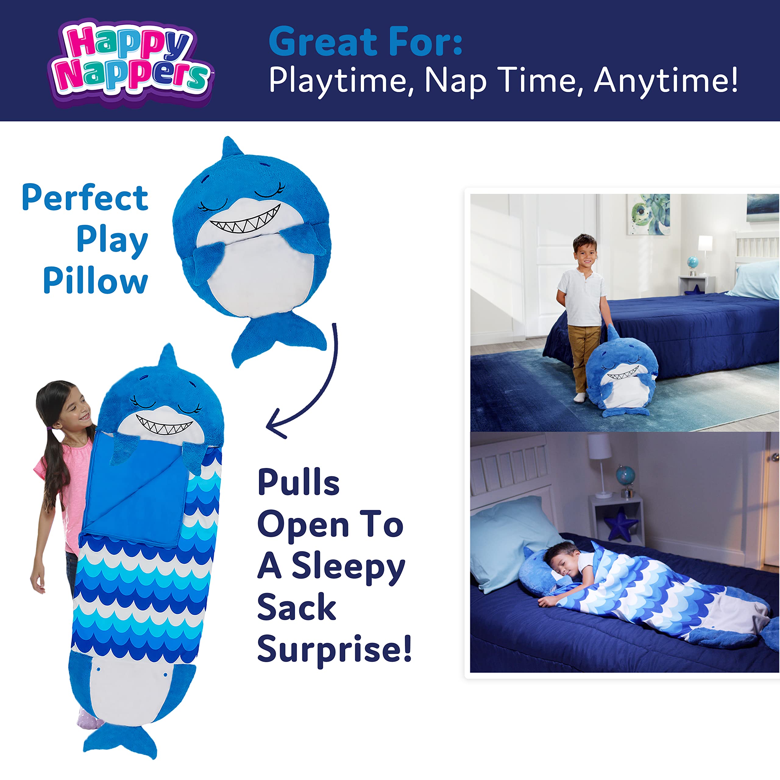 Happy Nappers Pillow & Sleepy Sack- Comfy, Cozy, Compact, Super Soft, Warm, All Season, Sleeping Bag with Pillow- Blue Shark (Large 66β x 30β)