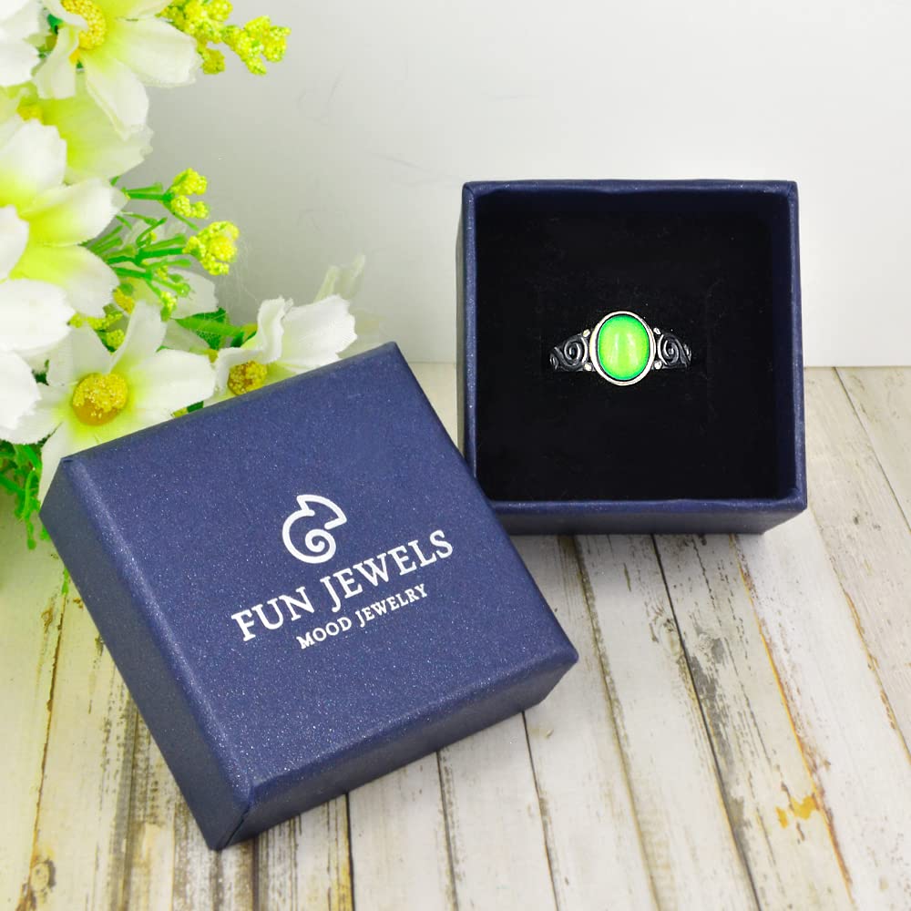 FUN JEWELS 925 Sterling Silver Multi Color Change Oval Stone Mood Ring With Intricate Design Size Adjustable Gift for Women