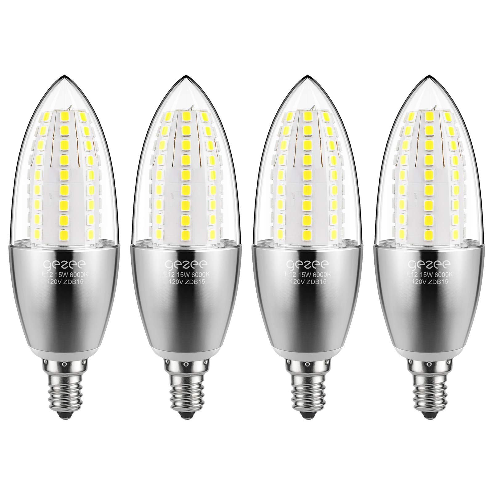 GEZEE LED Candelabra Bulb, Non-Dimmable 120Watt Light Bulbs Equivalent, 15W LED Candle Bulbs,Daylight White 6000K Chandelier Bulbs,4.3in, E12 Candelabra Base, 120V, 1500Lumens, Torpedo Shape(4 Pack)