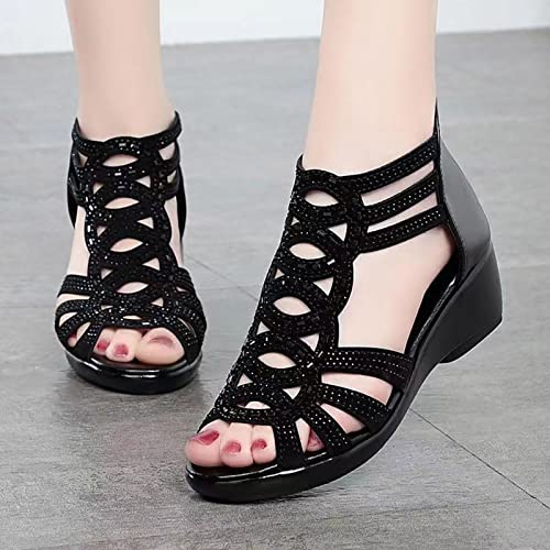 Fululuer Sandals for Women Crystal sandals Women's Ankle Strap Low Wedge Sandals Flatform Wedge Casual Sandal Summer sandals