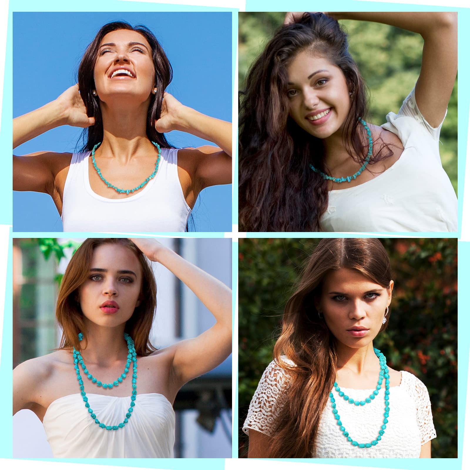 Glenmal 2 Pieces Long Turquoise Beads Endless Necklace Turquoise Choker Necklace Boho Western Necklaces for Women Handmade Turquoise Jewelry, 47'' and 14''