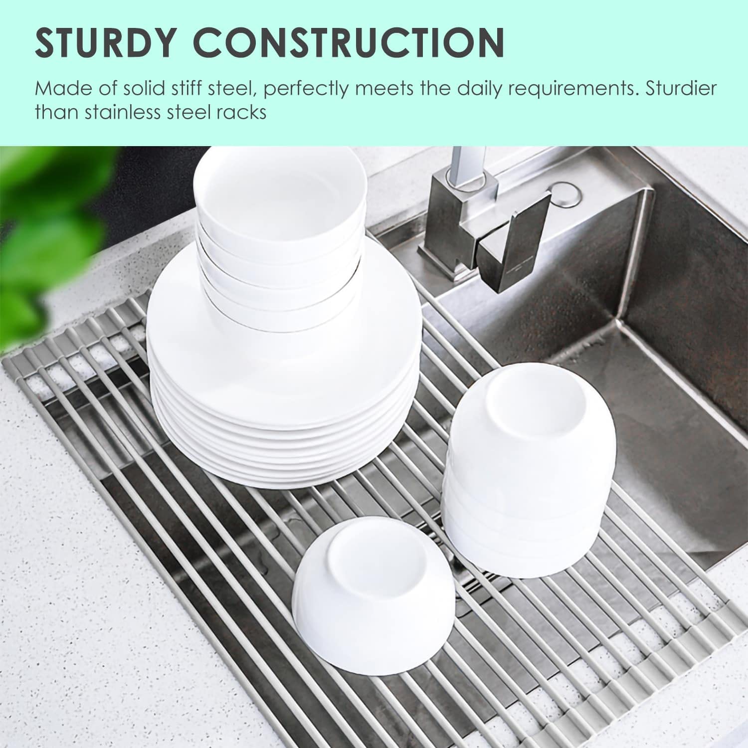 Geeyoung 17" x 13" Over The Sink Roll Up Dish Drying Rack - Food Safe Grade Silicone Wrapped Stainless Steel Dish Dying Rack - Foldable Roll Up Sink Drying Rack (Gray)