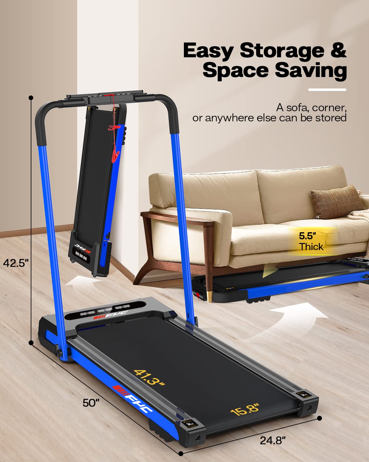FYC Under Desk Treadmill - 2 in 1 Folding Treadmill for Home 3.5 HP, Foldable Treadmill Compact Electric Treadmill Remote Control LED Display Walking Running Jogging for Home Office Silver