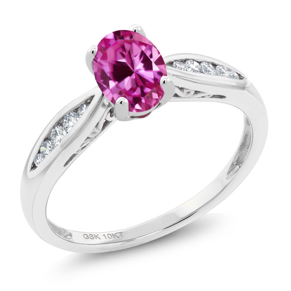 Gem Stone King 10K White Gold 7X5MM Oval Gemstone Birthstone and Diamond Engagement Ring | Wedding Engagement Anniversary Promise Gold Ring For Women | Size 5,6,7,8,9