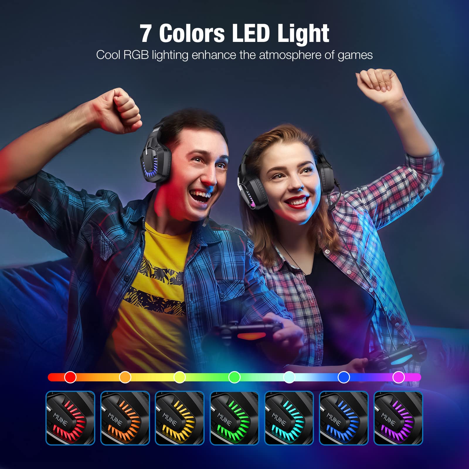 Gaming Headset with Microphone, MUINE Gaming Headset for Xbox One Ps4, Ps5, Playstation, PC, Mobile, Switch, with 3.5mm Audio Jack Noise Cancelling Mic Soft Memory Earmuffs RGB Light Headsets