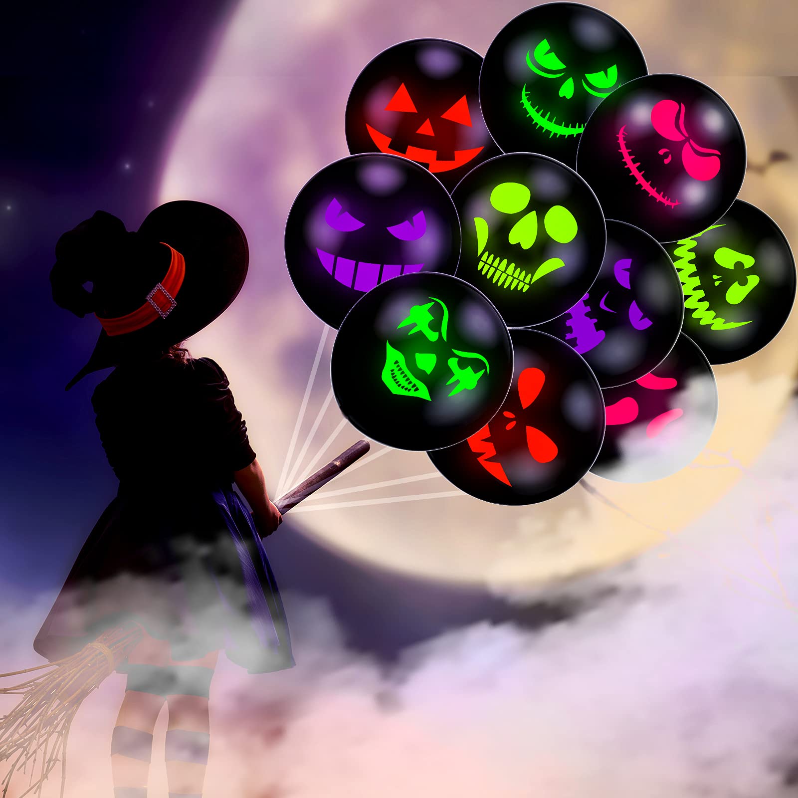 Halloween Balloons Decorations, 50 Pieces Halloween Neon Glow Ghost Balloons 12 Inch Black Light Reactive Fluorescent Latex Balloons Glow in the Dark Halloween Expression Balloons for Party Decoration
