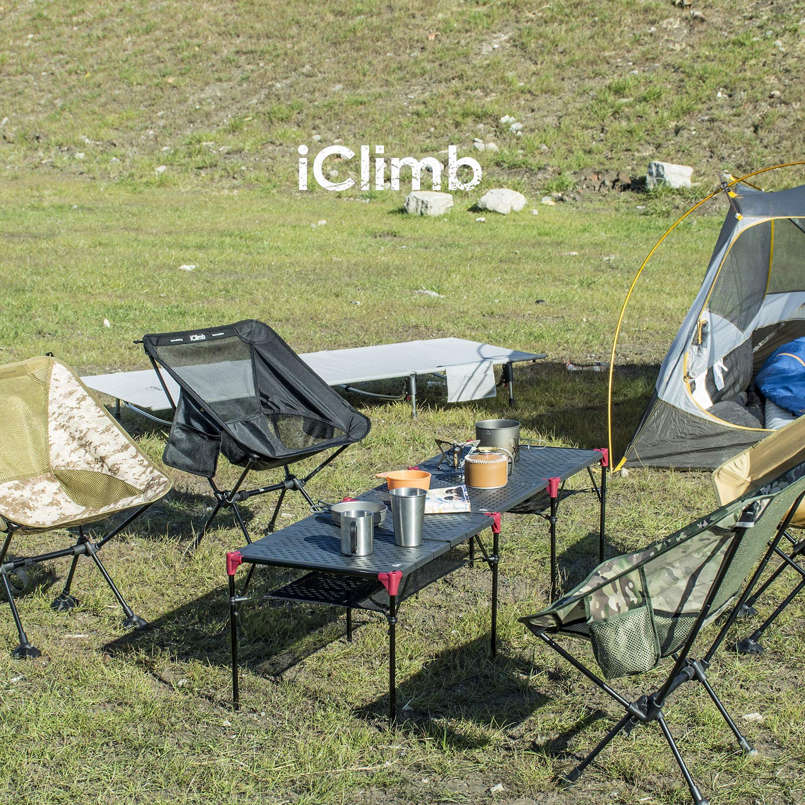 iClimb 1 Anti-Sinking Large Feet Chair and 1 Extendable Table Bundle, Ultralight Compact for Solo Adult Outdoor Backpacking Camping Hiking Beach Concert