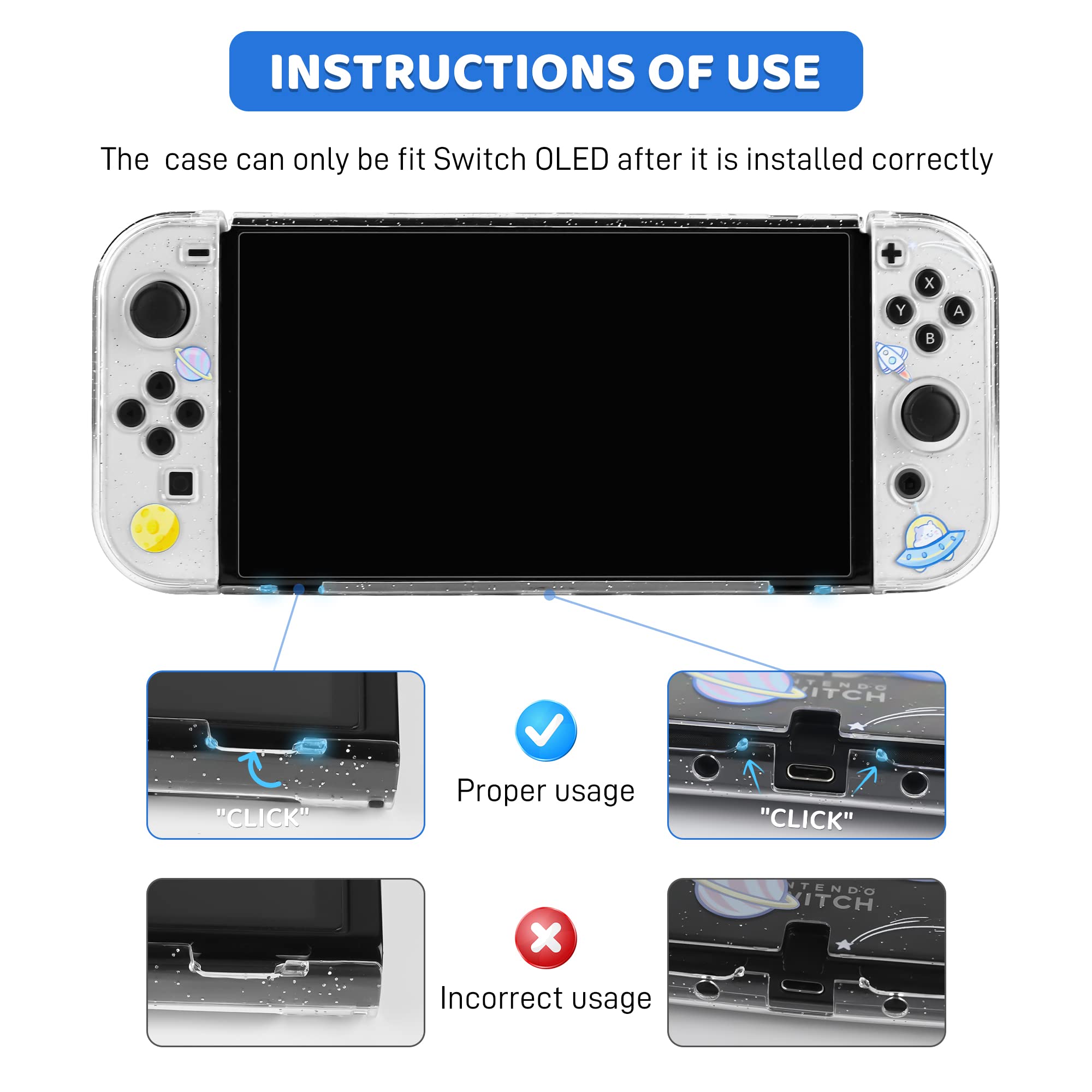 Glitter Case Compatible with Nintendo Switch OLED, FANPL Cute Dockable Cover with Space Cat & Dog Pattern for Switch OLED Console and Joycon, Hard PC Shell with Ergonomics Grip Case, Kawaii Skin