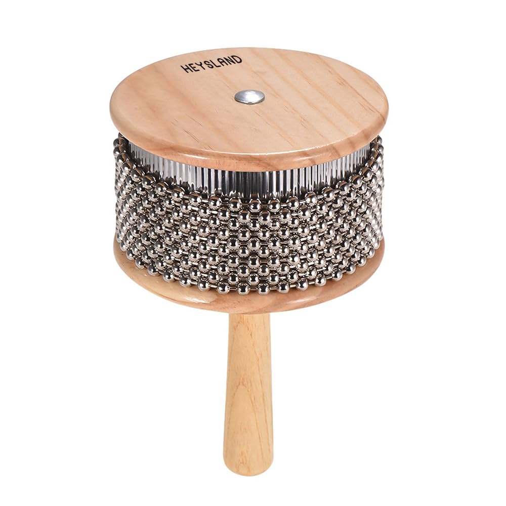 Heysland Wooden Cabasa Percussion Musical Instrument Metal Beaded Chain and Cylinder Pop Hand Shaker for Band Music Education 4.5in HL01B