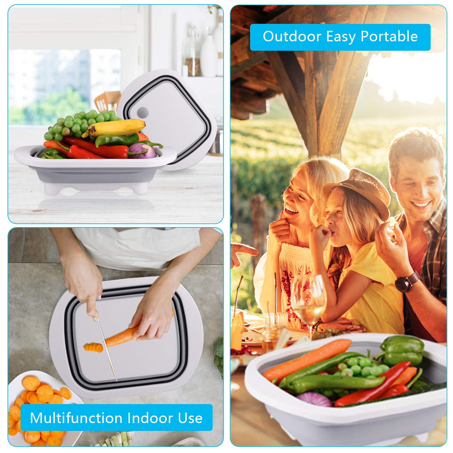 Goodking Cutting Board with Peeler, Multi-function Foldable Kitchen Plastic Silicone Dish Tub Colander for Fruits/Vegetables/Picnic/Camping