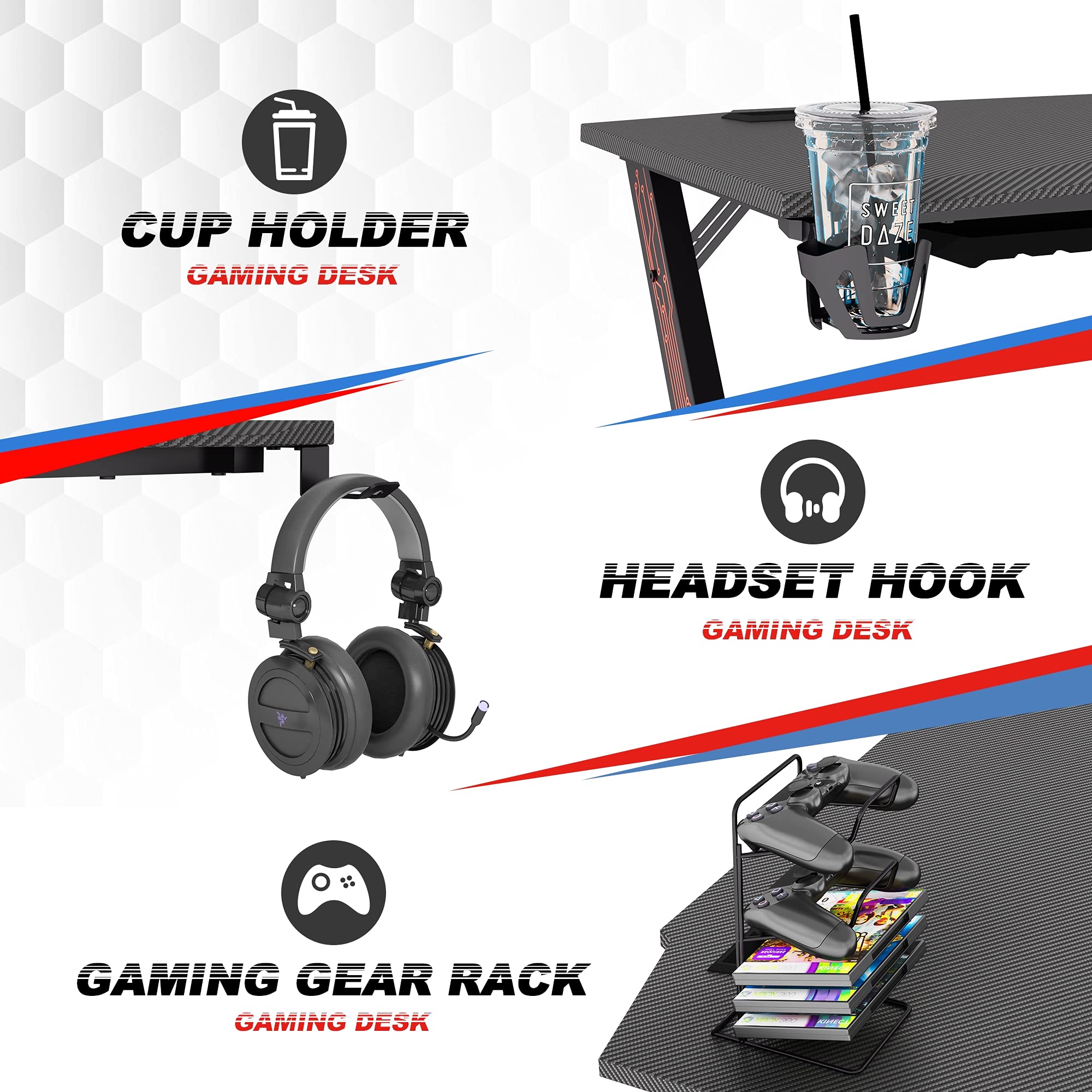GALAXHERO 43.3β Pro Gaming Desk, Gamer Computer Desk with Headphone Hook and Cup Holder, Home Office PC Workstation for E-Sports Use, Free XL Mouse Pad, Black&Red, GX-A