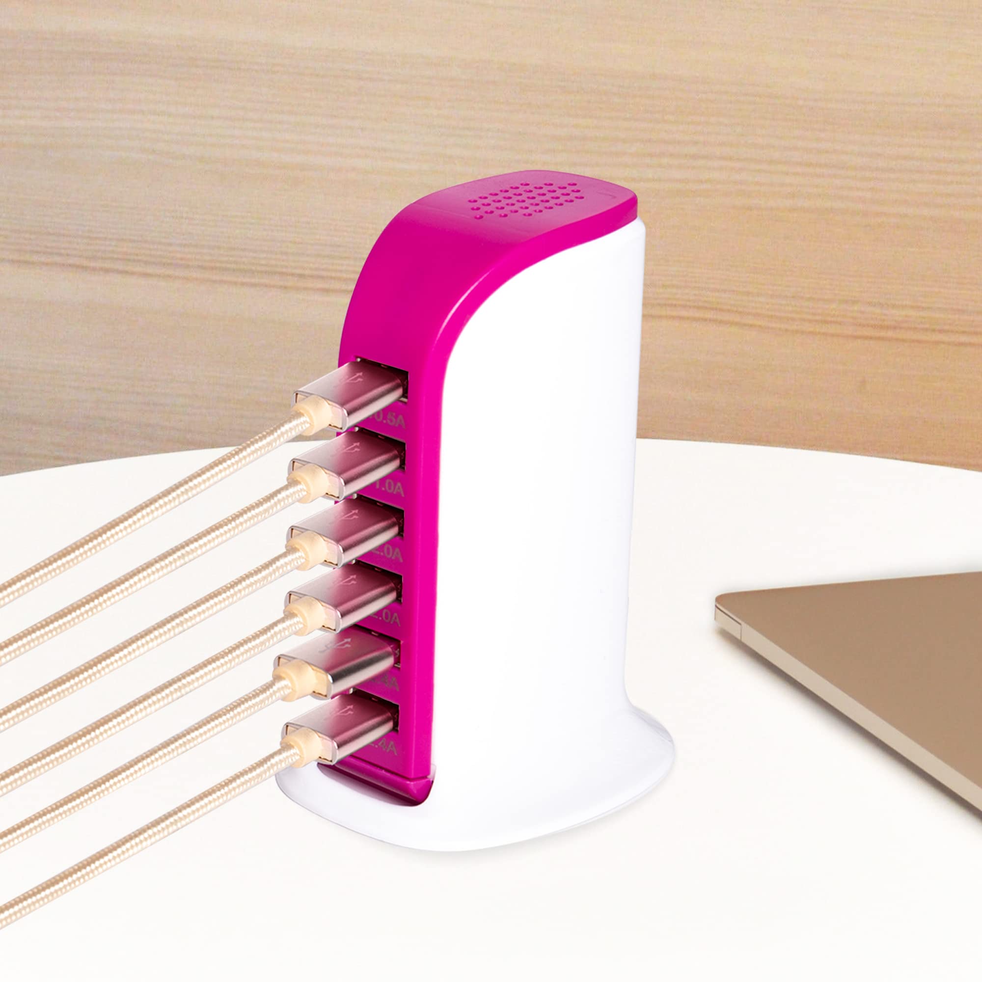 Wyssay 10A(50W) Universal USB Charger,6-Port Independent Desktop USB Charging Station,Multi Charger Block with 4 Ft Extension Cord, USB Fast Charger for Phone Ipad and More(Pink)