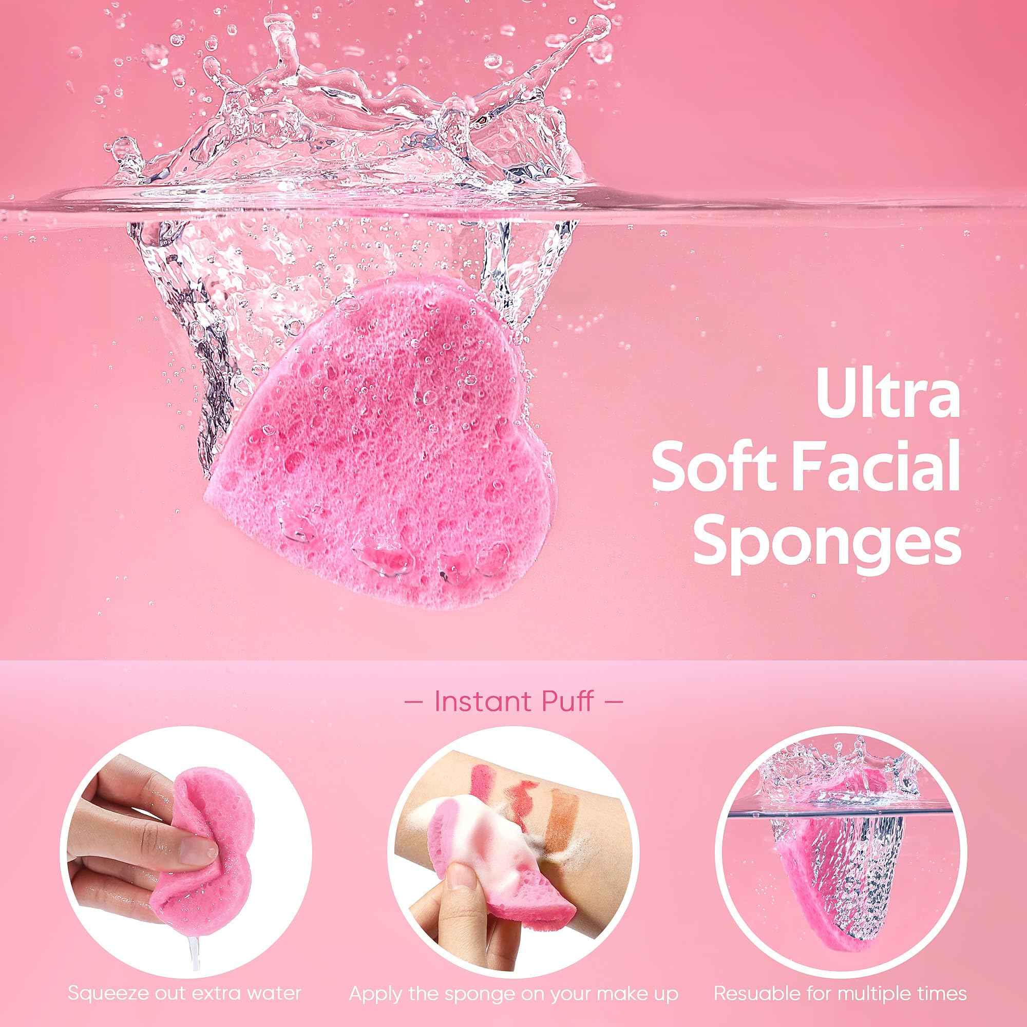 GAINWELL 50-Count Heart Shape Compressed Facial Sponges for Daily Facial Cleansing and Exfoliating, 100% Natural Cosmetic Spa Sponges for Makeup Remover